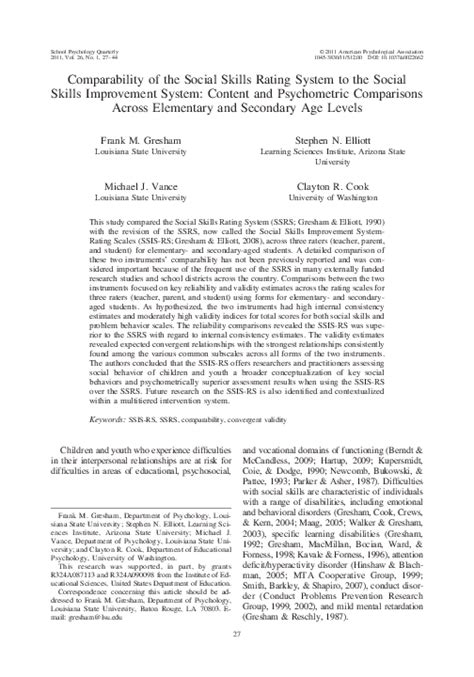 Pdf Comparability Of The Social Skills Rating System To The Social Skills Improvement System