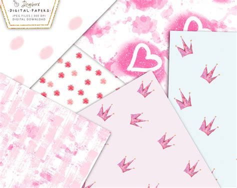 Pink Girly Digital Papers Cute Doodle Crown Pattern Pretty Background Seamless File Design