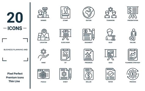 사업 계획 및 선형 아이콘 세트 얇은 선 승자 위치 손 퍼즐 프로세스 문서 보고서 프리젠 테이션 다이어그램 웹 디자인에 대한 계획 전략 아이콘을 포함합니다 0명에 대한 스톡