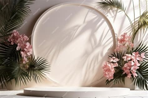 제품 프레젠테이션을 위한 추상 흰색 스튜디오 배경 창문과 꽃 야자잎의 그림자가 있는 빈 방은 복사 공간이 있는 3d 공간 Ai 생성 프리미엄 사진