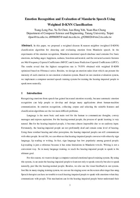 Pdf Emotion Recognition And Evaluation Of Mandarin Speech Using Weighted D Knn Classification