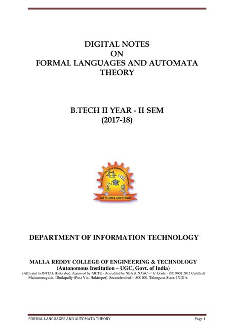 Formal Languages Automata Thery Digital Notes On Formal Languages And