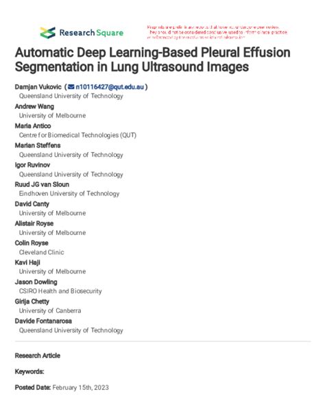 Pdf Automatic Deep Learning Based Pleural Effusion Segmentation In Lung Ultrasound Images