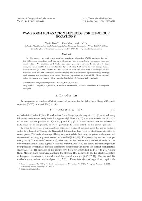 Global Science Press Waveform Relaxation Methods For Lie Group Equations