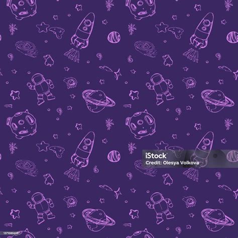 우주와 우주 비행사 원활한 패턴 우주 요소와 별이 빛나는 하늘 배경 손으로 그린 태양계 별 행성 우주선 로켓 아이에 대한 스톡