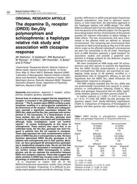 Pdf The Dopamine D3 Receptor Drd3 Ser9gly Polymorphism And Schizophrenia A Haplotype