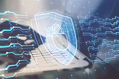 Close Up Of Female Hands Using Laptop Keyboard With Glowing Digital Padlock Hologram On Blurry