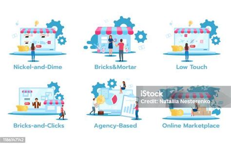 비즈니스 모델 플랫 벡터 그림 세트입니다 니켈 및 동전 벽돌과 박격포 낮은 터치 벽돌 및 클릭 에이전시 기반 온라인 마켓플레이스
