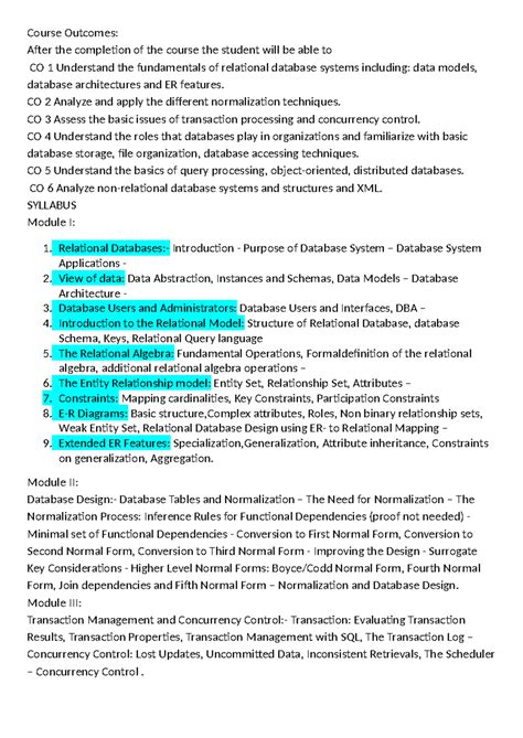 Advance Dbms Syllabus Summary Mca Course Outcomes After The