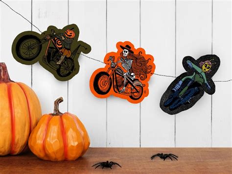 Halloween Motorcycle Garland Retro Spooky Biker Decor Hand Drawn