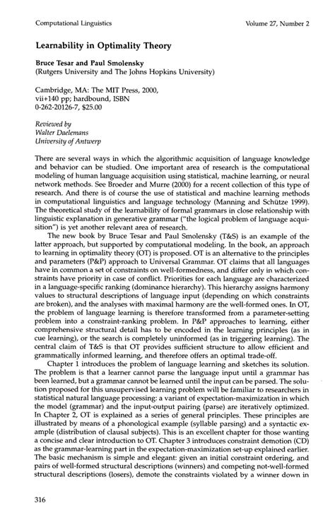 PDF Bruce Tesar And Paul Smolensky Learnability In Optimality Theory