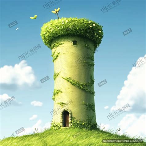 Ai创作图聆风塔插画 植物小场景 自然小场景 环保烟囱 环保风题材 旅游海报环保大楼 环境概念艺术 感应烟囱 绿色能源类设计 环保自然风素材