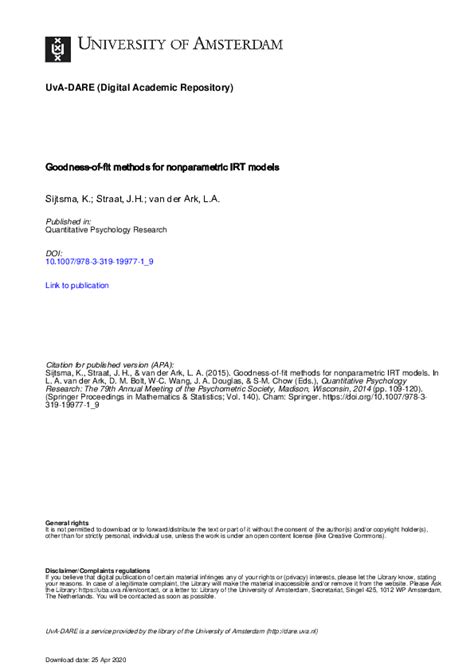 Pdf Goodness Of Fit Methods For Nonparametric Irt Models