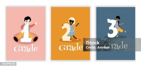 학교로 돌아가다 학교에 갈 준비가 된 어린 아이들 1 2 3 학년 디자인을 위한 템플릿 세트입니다 재미있는 만화 캐릭터 벡터 일러스트 레이 션 2 3 살에 대한 스톡 벡터