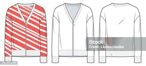 지퍼 카디건 테크니컬 패션 일러스트 스트라이프 디자인 스웨트 셔츠 패션 플랫 기술 도면 템플릿 V 넥 긴 소매 전면 및 후면도 화이트 코랄 레드 여성 남성 유니섹스 Cad