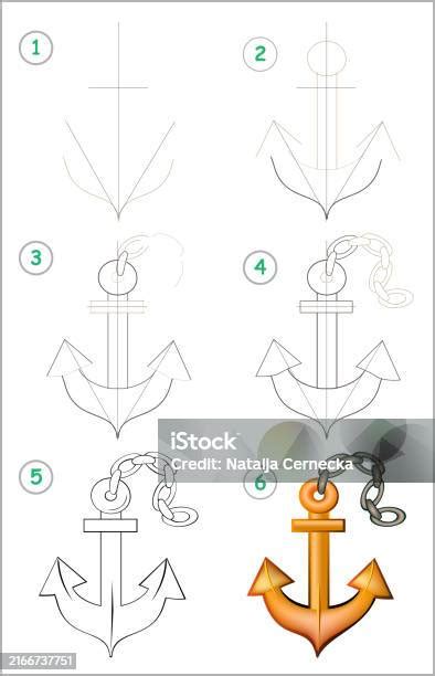 페이지는 앵커를 그리는 방법을 단계별로 배우는 방법을 보여줍니다 아이들에게 그림 그리기와 색칠하기 기술을 개발합니다 벡터 이미지입니다 0명에 대한 스톡 벡터 아트 및 기타