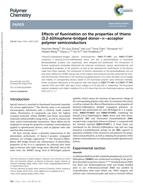 Pdf Effects Of Fluorination On The Properties Of Thieno 32 B