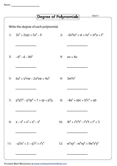 Degree Of Polynomials Worksheets