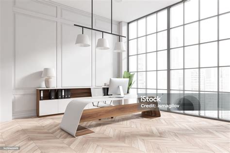 작업 테이블 캐비닛 및 파노라마 창문이있는 가벼운 사무실 인테리어 0명에 대한 스톡 사진 및 기타 이미지 0명 3차원 형태 가구 Istock