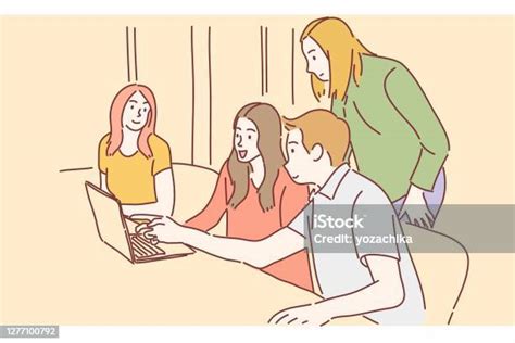 랩톱으로 작업하는 비즈니스 인력 그룹 팀워크 동료 브레인스토밍 컨셉 손으로 그린 플랫 문자 스타일 벡터 개발에 대한 스톡 벡터 아트 및 기타 이미지 Istock