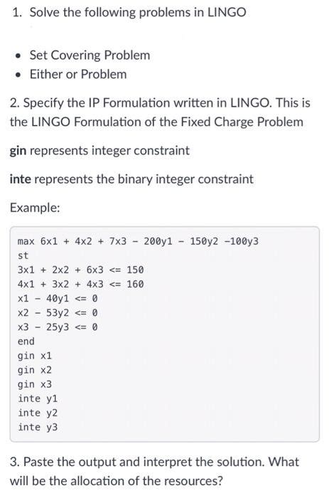 1 Solve The Following Problems In Lingo • Set