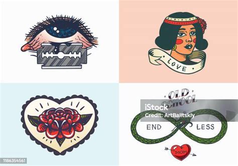 올드 스쿨 문신 스티커입니다 눈과 여자 마음과 뱀 노트북 이나 로고에 대 한 빈티지 복고풍 스케치 를 그린 손으로 새겨진 개체 그룹에 대한 스톡 벡터 아트 및 기타 이미지