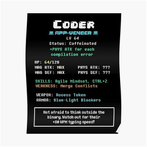 coder rpg stats for a nerdy geeky programmer poster for sale by