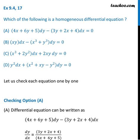 Ex 9 4 17 Mcq Which Is A Homogeneous Differential Equation