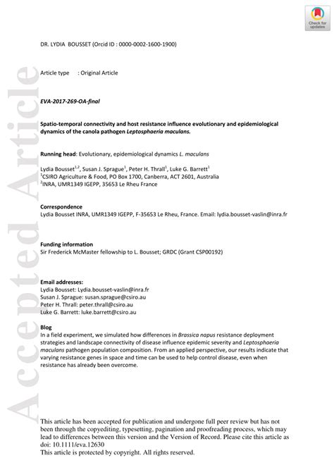 Pdf Spatio Temporal Connectivity And Host Resistance Influence Evolutionary And