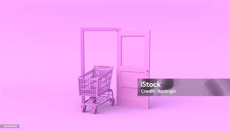 쇼핑 카트와 파스텔 오픈 핑크 문 3d 일러스트레이션 최소 쇼핑 카트에 대한 스톡 사진 및 기타 이미지 쇼핑 카트 3차원
