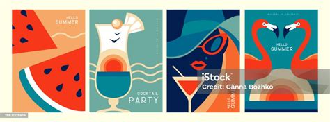 여름 속성을 가진 복고풍 포스터 세트입니다 칵테일 실루엣 수박 조각 플라밍고 모자를 쓴 소녀 코스모폴리탄 벡터 일러스트 레이 션 여름에 대한 스톡 벡터 아트 및 기타 이미지