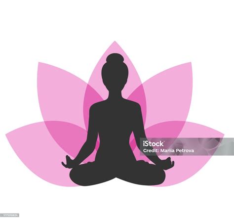 연꽃 배경에 연꽃 위치에 앉아 있는 여자의 실루엣입니다 요가와 명상을하는 소녀 명상과 건강한 생활 방식 벡터 일러스트 레이 션 건강한 생활방식에 대한 스톡 벡터 아트 및
