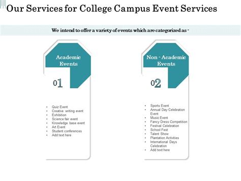 Promoting University Event Our Services For College Campus Event Services Ppt Layouts Brochure Pdf
