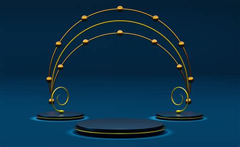 현대적인 무대 디스플레이 및 미니멀리스트 모형 추상 쇼케이스 배경 개념 3d 그림 또는 3d 렌더링을 위한 파란색 구성의 기하학적 모양이 있는 연단 비어 있습니다 0명에