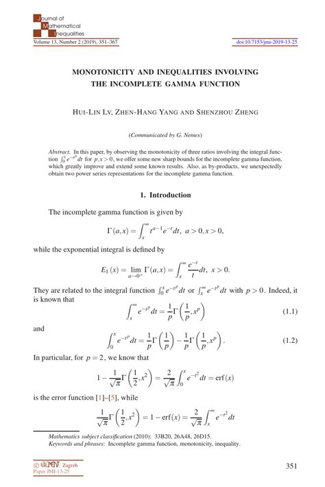 Pdf Monotonicity And Inequalities Involving The Incomplete Gamma Function