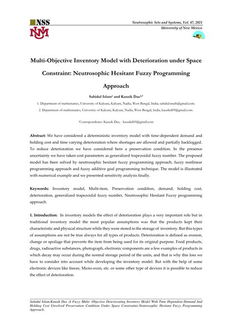Pdf Multi Objective Inventory Model With Deterioration Under Space Constraint Neutrosophic