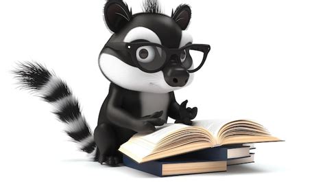 3d Illustration Of A Cartoon Skunk Wearing Glasses And Reading A Book