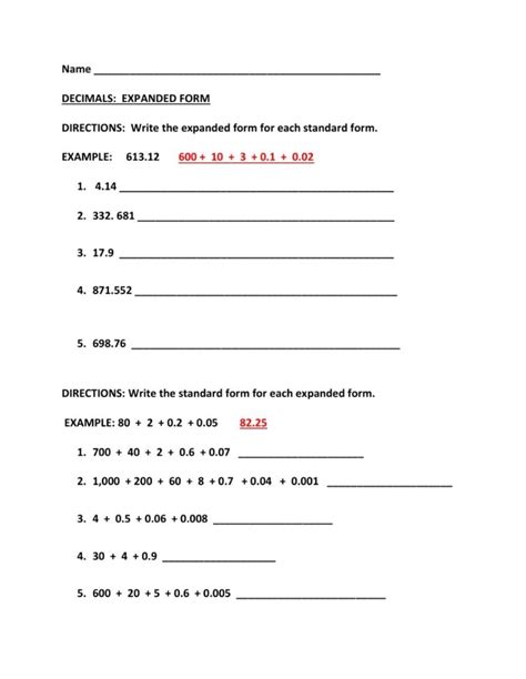 Writing Decimals In Expanded Form Worksheets Pdf Printable Worksheets