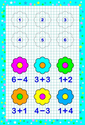 정사각형 종이에 연습 문제가 있는 어린이를 위한 교육 페이지입니다 예제를 풀고 해당 색상으로 꽃을 칠해야 합니다 계산 기술 개발 벡터 이미지입니다 공부에 대한 스톡 벡터
