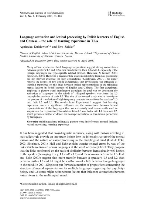 Pdf Language Activation And Lexical Processing By Polish Learners Of English And Chinese The