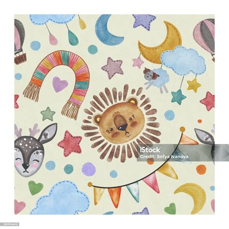 사자 사슴 무지개 별 달 양 풍선과 손 그리기 수채화 원활한 패턴 귀여운 어린이 인사말 카드 포스터 인쇄 엽서 카드 초대장 직물 직물 디자인에 사용 0명에 대한 스톡 벡터