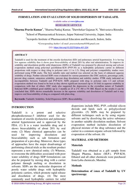 Pdf Formulation And Evaluation Of Solid Dispersion Of Tadalafil