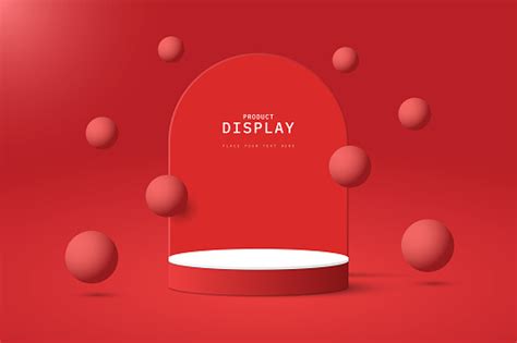 아치 모양과 공이 공중에 떠 있거나 위아래로 튀는 추상적인 흰색 빨간색 3d 실린더 연단 받침대 쇼케이스를 위한 라운드 3d
