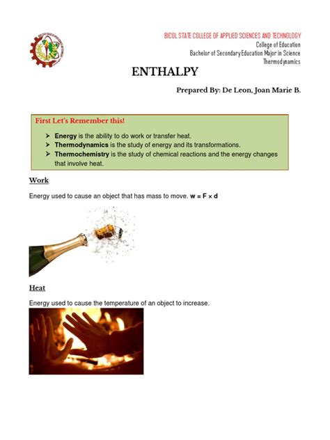 Enthalpy Activity Sheet Pdf Heat Enthalpy