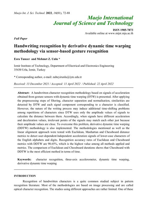 Pdf Handwriting Recognition By Derivative Dynamic Time Warping Methodology Via Sensor Based