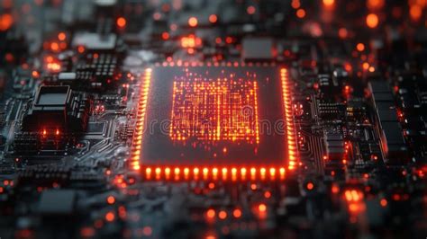 Close Up Of A Glowing Microchip On A Circuit Board Generative Ai Stock Illustration