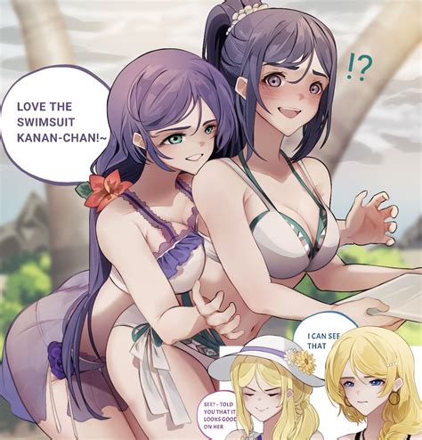 Rule 34 4girls Ayase Eli Behind Another Bikini Blonde Hair Blue Eyes Blue Hair Blurry Braid