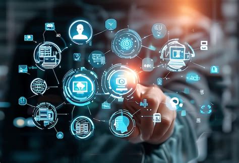 Hand On Futuristic Interface Displaying Icons Of Tech Connectivity Data And Ai Premium Ai