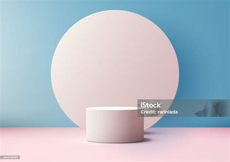 라이트 블루 배경에 대한 미니멀 디자인 3d 화이트 포디움과 파스텔 핑크 서클 패널 우아한 제품 디스플레이 모형 쇼케이스