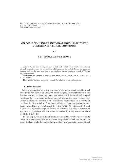 Pdf On Some Nonlinear Integral Inequalities For Volterra Integral Equations